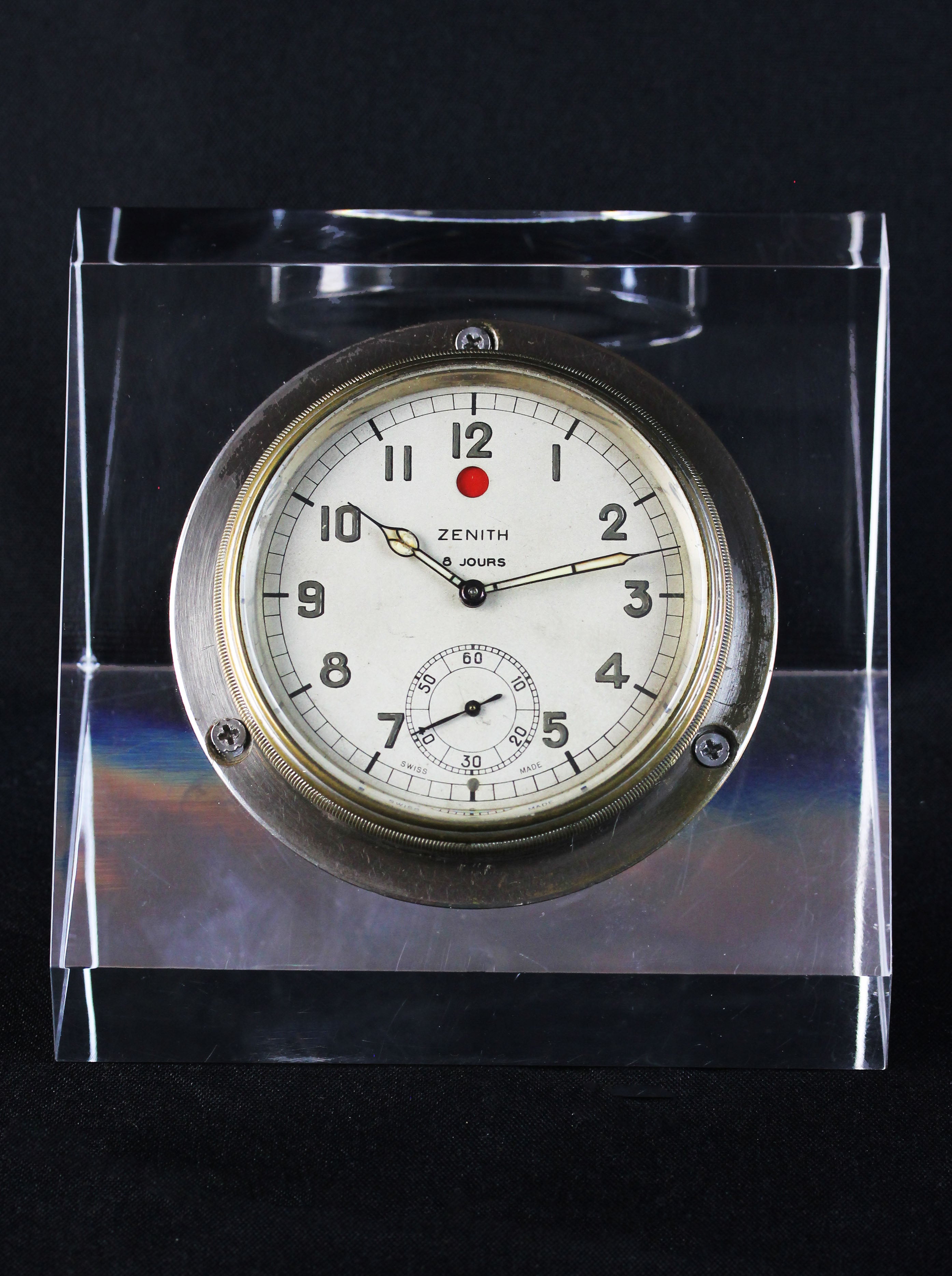 Former ZENITH cockpit clock in a plexiglas case from the 30 ies – Reygers